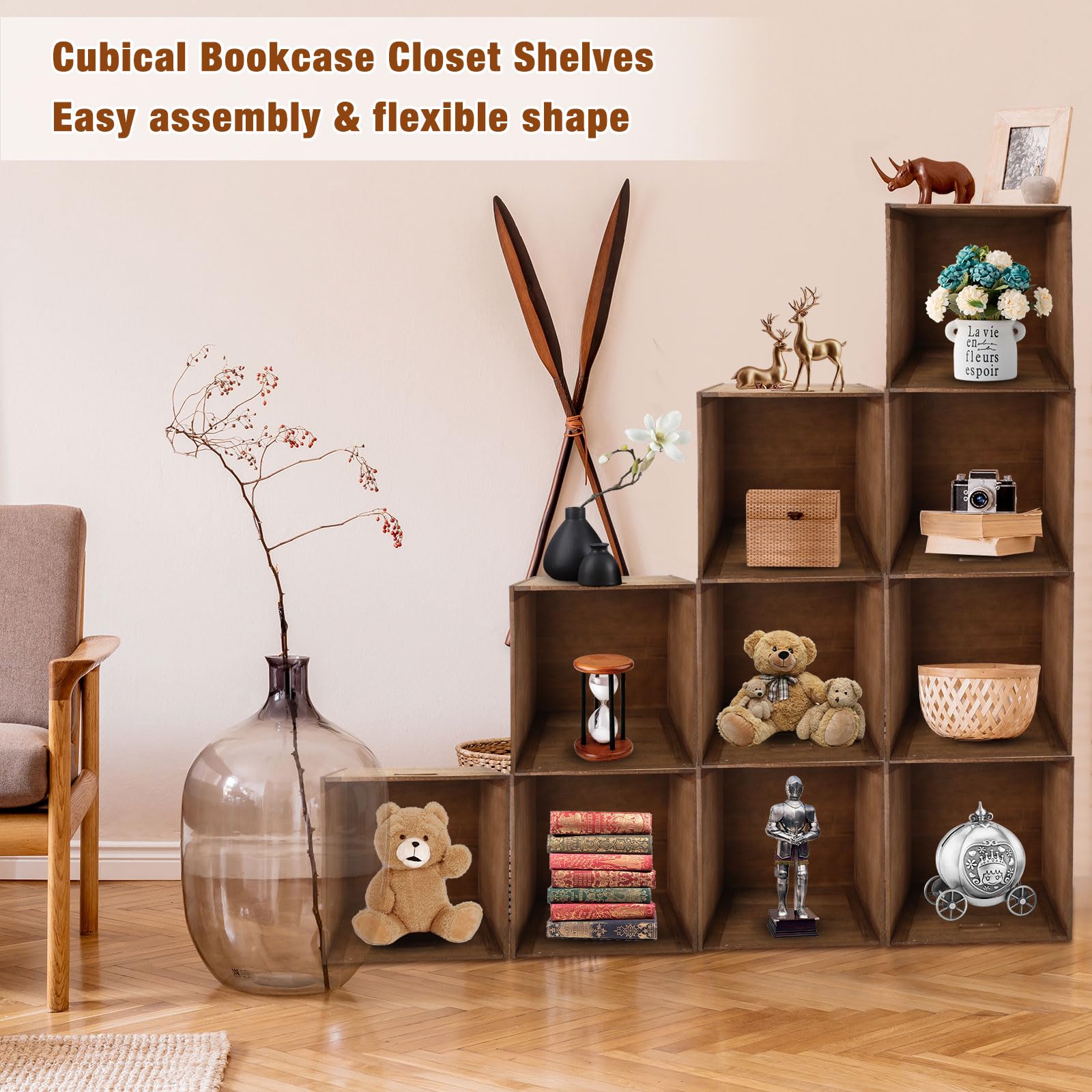 Menkxi 4 Pcs Stackable Wood Storage Cube for Shelves Closet Wooden Bins Box Wood Crates Storage Baskets Container for Toy Books Clothes Home Office, Dark Brown(14 x 14 x 10 Inch)