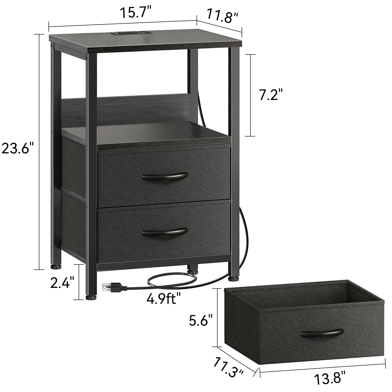Night Stand Set of 2, Bedside Tables with Fabric Drawers, Side Table with Charging Station, LED Nightstand with USB Ports and Outlets, Small End Table for Bedroom, Rustic Brown