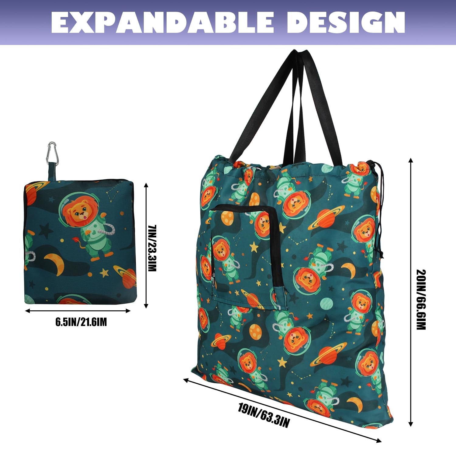 STOINSTO Foldable Travel Laundry Bag with Handle and Drawstring, 2 Pack Expandable Dirty Clothes Bags with Aluminum Carabiner and Zipper, Lightweight Laundry Hamper Liner for Travel, Camp, 20*19 inch