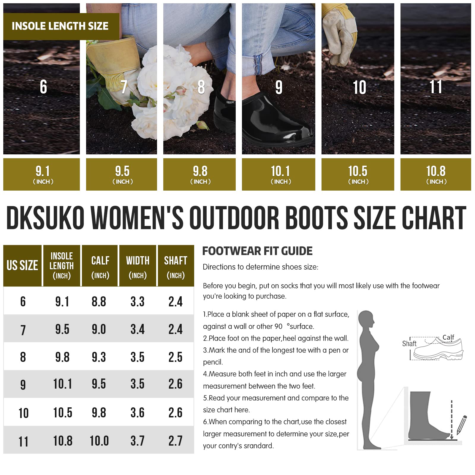 DKSUKO Women's waterproof rain shoes for garden,lightweight slip on low ankle boots with comfort insole