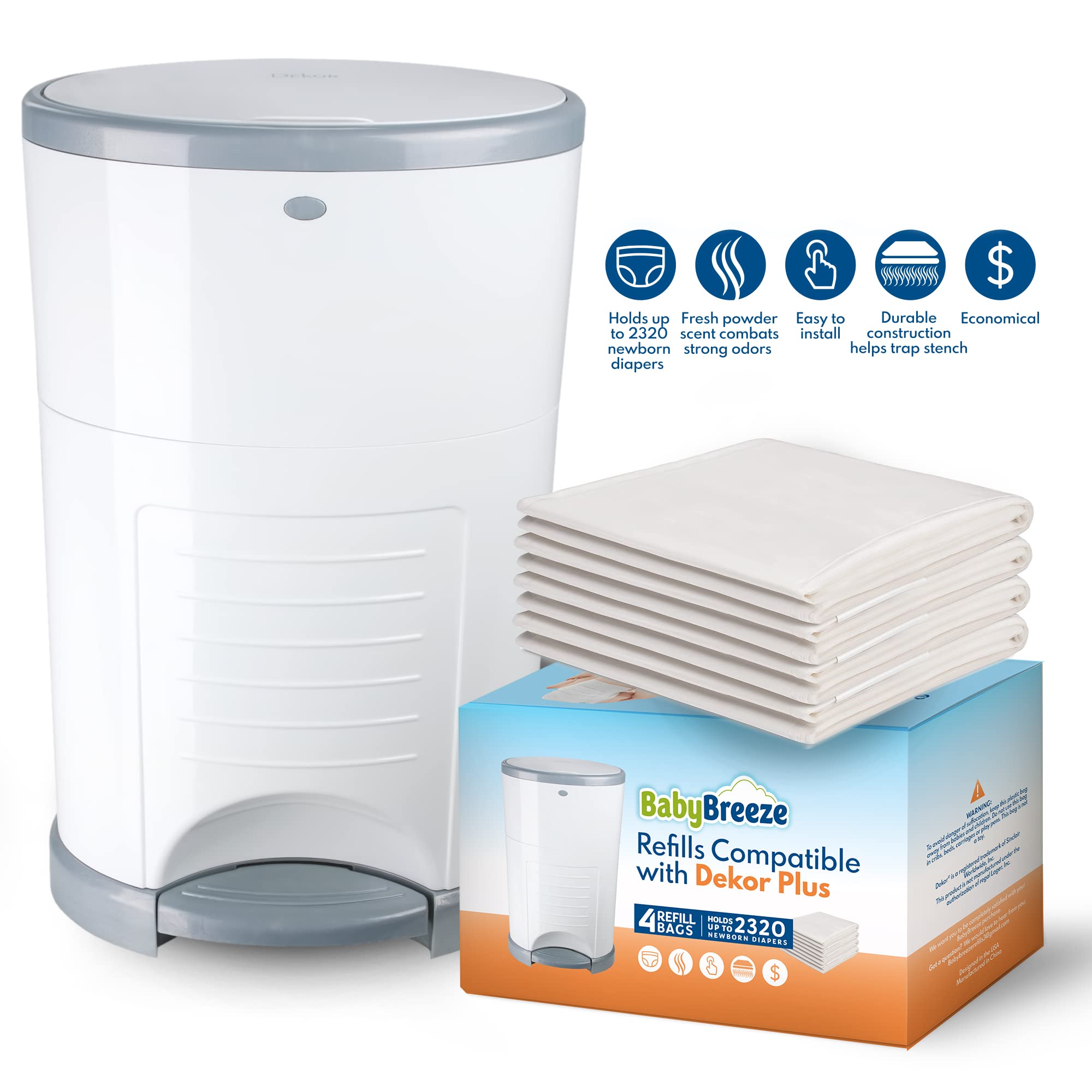 Diaper Pail Refills Compatible with Dekor PLUS Diaper Pail 4 Refill Bags Holds 2320 Diapers β Strong, Durable Baby Powder Scented Refills Bags