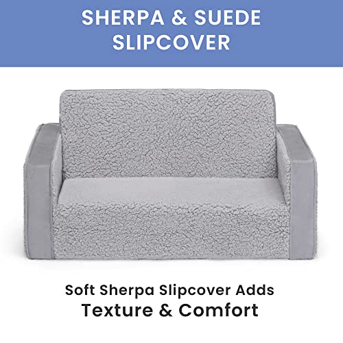 Delta Children Cozee Flip-Out Sherpa 2-in-1 Convertible Sofa to Lounger for Kids, Grey Sherpa/Suede