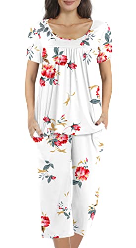 POPYOUNG Women's Pajamas Sets, Summer Short Sleeves Tunic Top with Comfy Capri Pants, Lounge Sleepwear 2 piece Ladies Pjs Sets with Pockets XL, Floral White