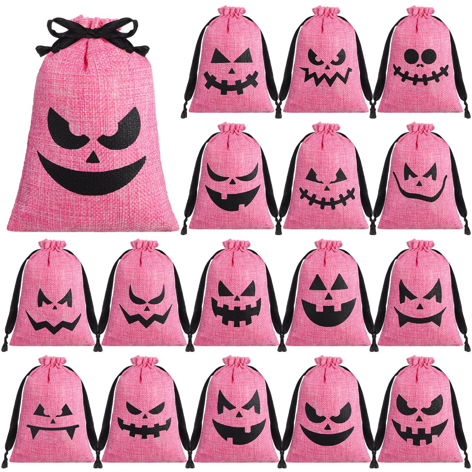 Paterr 48 Pcs 5 x 7 Inch Halloween Burlap Treat Bags Bulk Halloween Party Favors Pumpkin Goody Gift Bags with Drawstring Small Candy Pouches for Kids Halloween Trick or Treat Candy Bags(Pink)