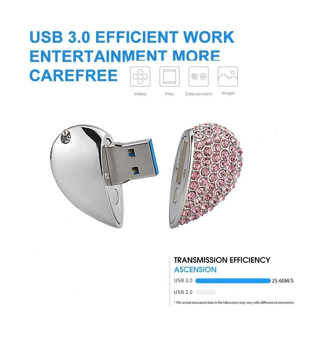 EcooDisk 128GB USB 3.0 Flash Drive Diamond Heart Shape Zip Drive Jewelry Necklace Memory Stick Thumb Drive Cute Pen Drive Fun USB Stick Data Storage