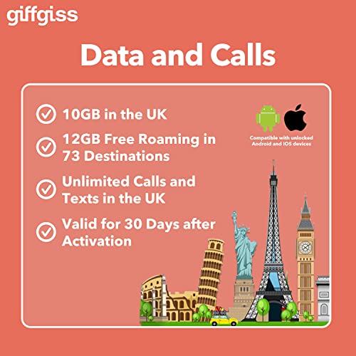 Three Europe Prepaid SIM Card - 10GB Data + Unlimited Calls and Texts in UK, 12GB Free Roaming in 73 Destinations, Valid for 30 Days, Standard/Micro/Nano for iPhone and Android