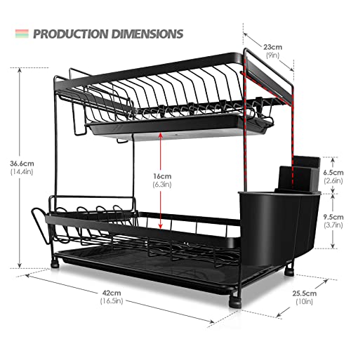 Zvonema Large Dish Drying Rack, 2-Tier Dish Racks for Kitchen Counter, Stainless Steel Dish Drainers with Drainboard & Removable Utensil Holder Cup Holder, Space Saving Dish Rack, Black