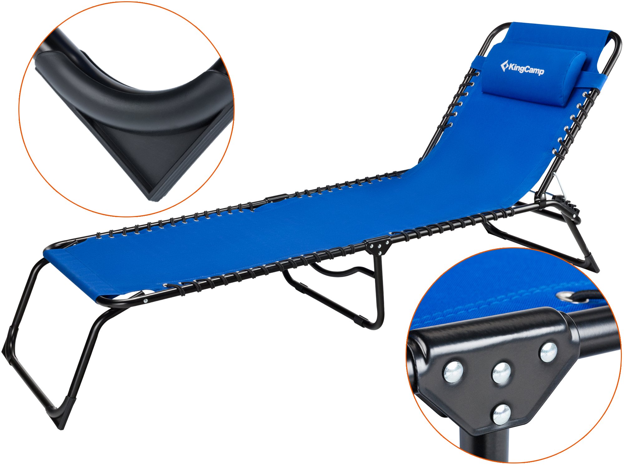 KingCamp Chaise Lounge Removable Pillow 3-Position Adjustable Chair Folding Patio Recliner for Camping Pool Beach Outdoor, Supports 300lbs, Blue, One Size