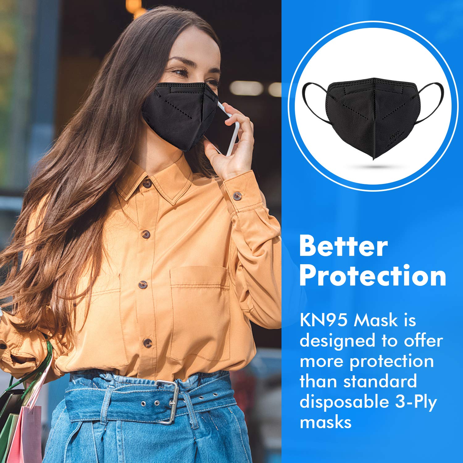 Enlove KN95 Face Masks Black 50 Pack, 5-Layer Filter Face Mask