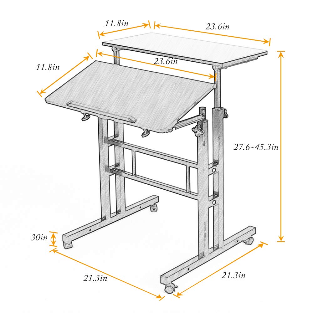 DlandHome Adjustable Rolling Desk Standing Desk, Sit-Stand Desk Cart Mobile Computer Desk Stand Up Desk Office Desk Riser Standing Table Workstation Mobile Desk, Oak