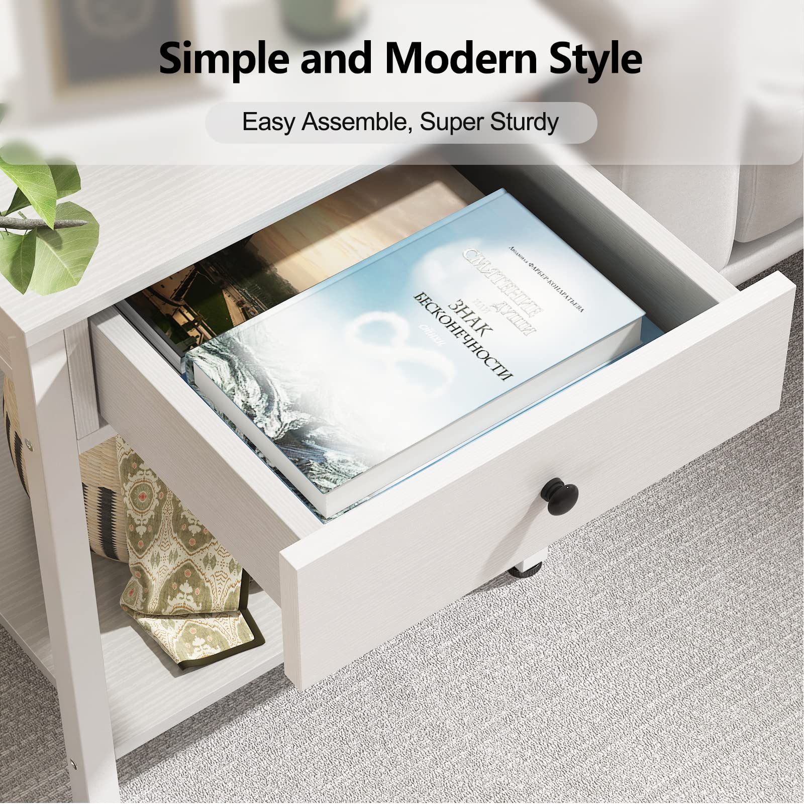 Ecoprsio Nightstand White End Table Side Table with Drawer and Storage Shelf Wood Night Stand Modern Bedside Table for Bedroom, Living Room, Sofa Couch, Hall, Easy Assembly, White