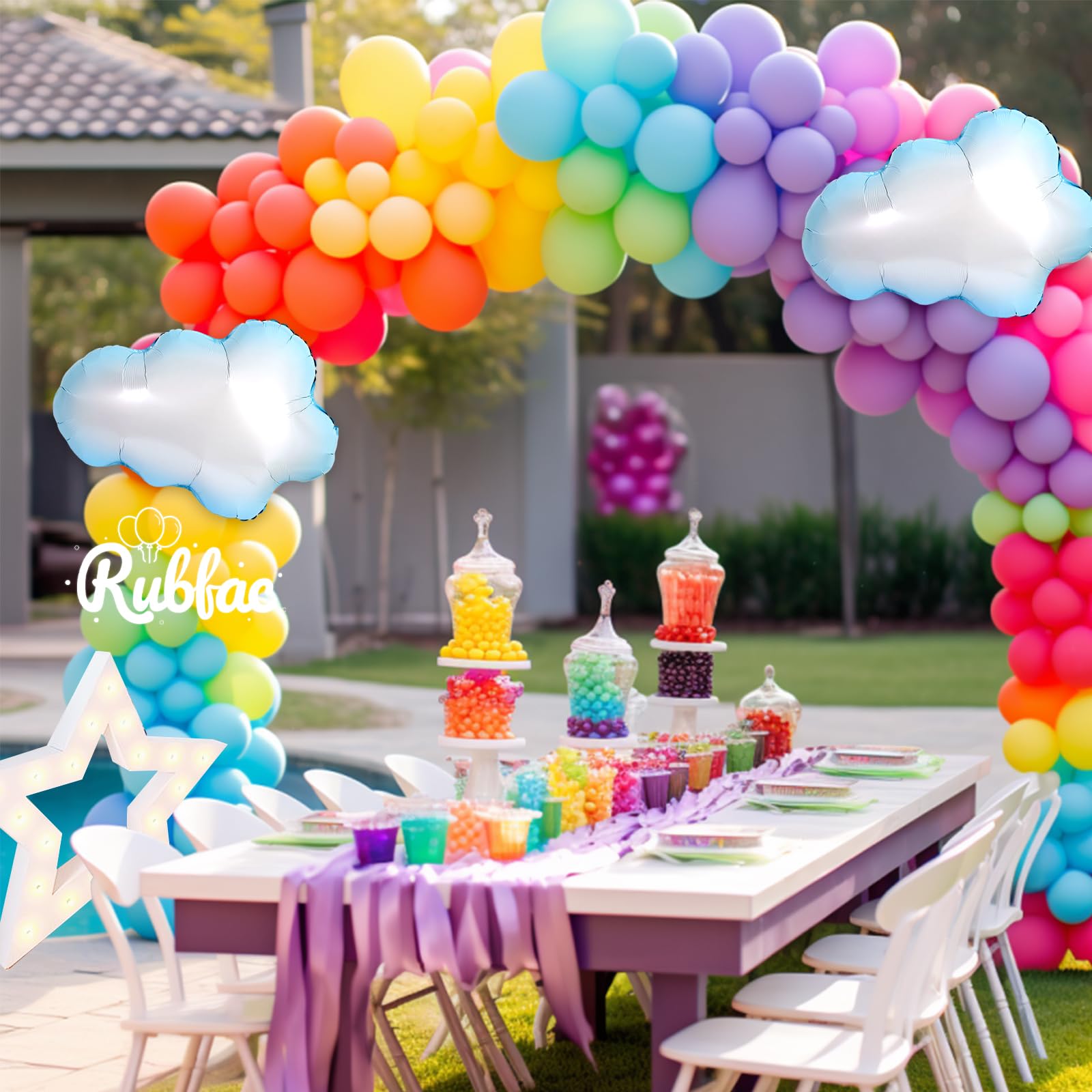RUBFAC Balloon Arch Kit, 9ft Tall & 10ft Wide Adjustable Balloon Arch Stand with 2 PVC Bases,2 Water Fillable Bags, 60pcs Balloon Clips, 120pcs Rainbow Balloons, for Wedding Birthday Baby Shower