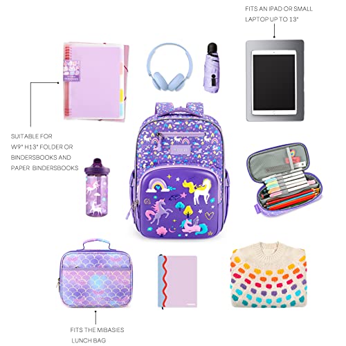 mibasies Unicorn Backpack for Girls 5-8, Large Capacity elementary school backpack(Purple Unicorn)