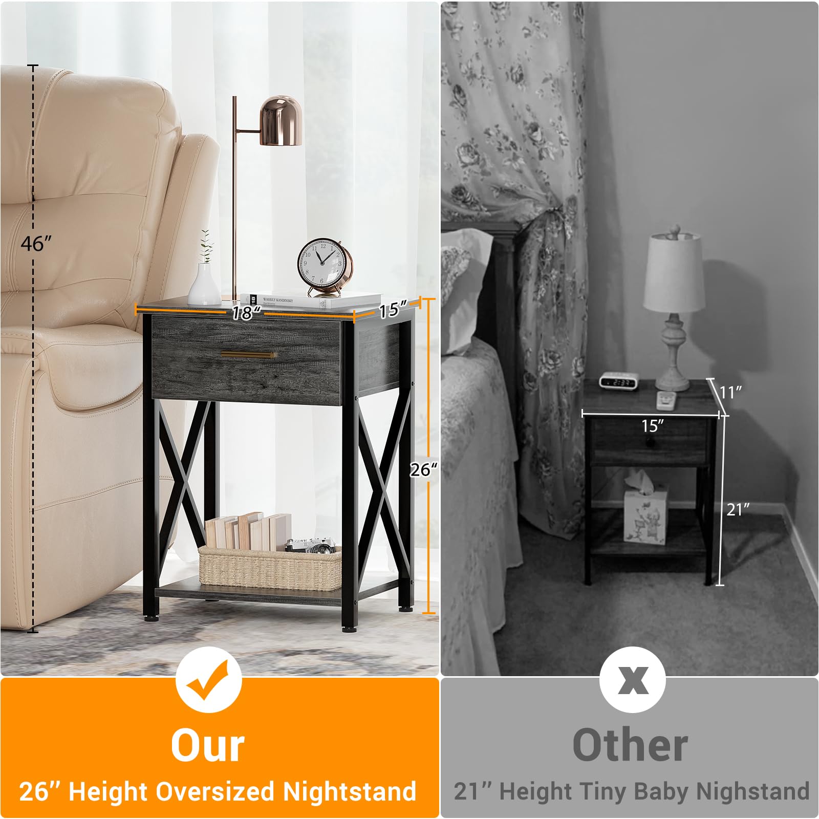 Ecoprsio Oversized Nightstands Set of 2, 26" Bedside Table with Charging Station, Modern End Side Table with X-Design, Tall Night Stand with Drawer and Shelf for Bedroom, Living Room, Sofa, Grey