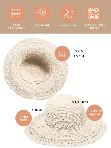 San Diego Hat Company Women's Cotton Crochet Hat with Scalloped Edge, UPF 50+, 4β Brim, Natural