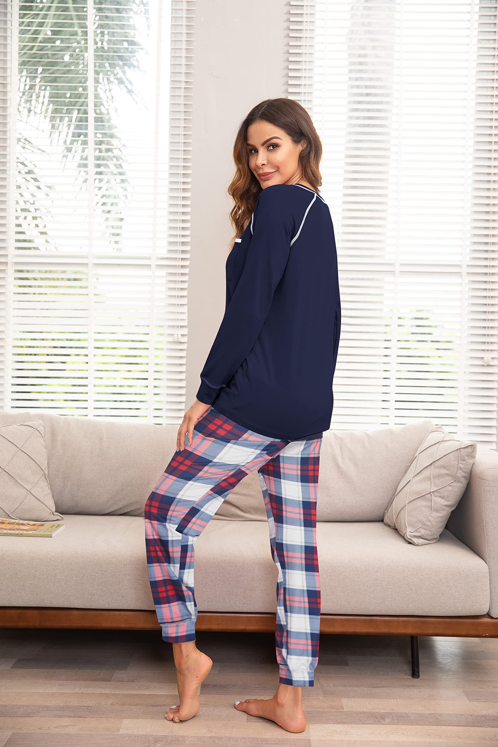Ekouaer Pajamas Set for Women Soft Comfy Pjs Sets Long Sleeve Sleepwear Loungewear S-XXL Navy Plaid