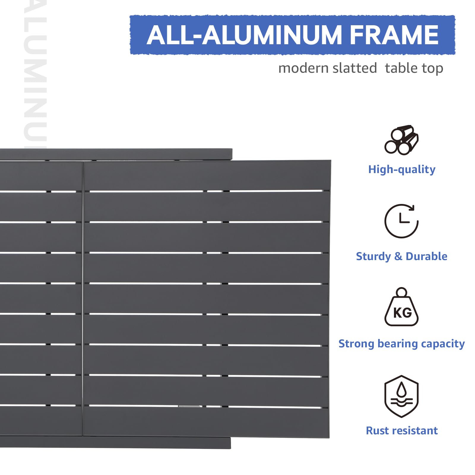 Soleil Jardin 9-Piece Outdoor Patio Dining Set, 59" - 83" Aluminum Expandable Outdoor Dining Table Set for 8, 8 Stackable Chairs with Gray Removable Cushions, Dark-Grey