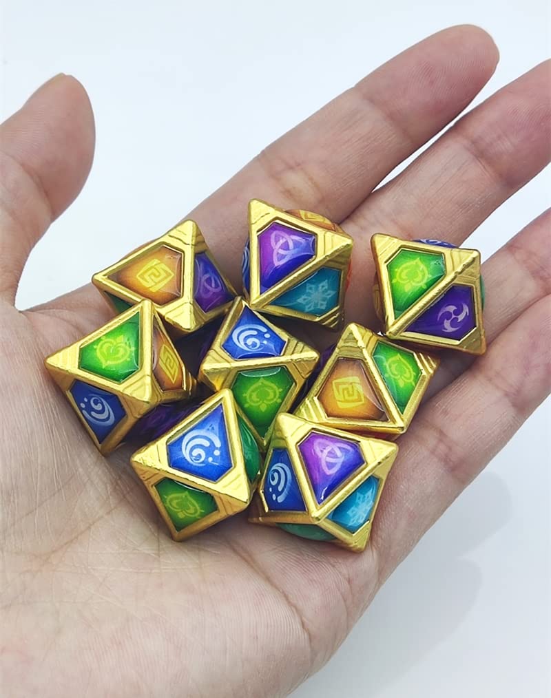 Genius Invokation Dice Set Sharp Edge Zinc Alloy Dice for Genshin Impact,Genshin Vision Polyhedral Role Playing Gaming Dice 8pcs