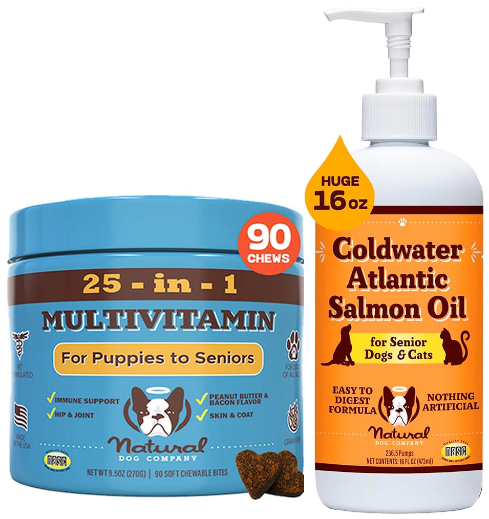 Natural Dog Company Multivitamin Chews & Coldwater Atlantic Salmon Oil Bundle – Advanced Immune Support, Joint Care, and Cognitive Health for Senior Dogs – Perfect Daily Supplement, 90 Chews + 16oz Oi