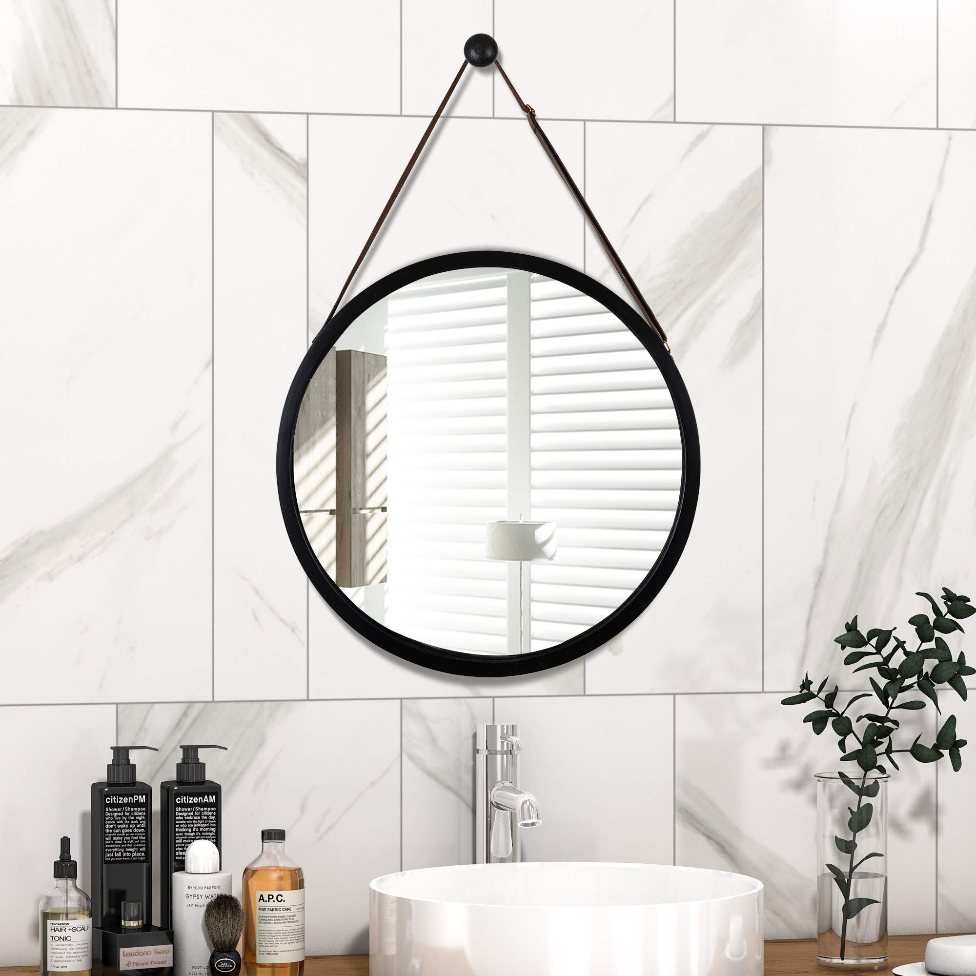 Domax Round Wall Mirror- Black Circle 18 Inch Mirror Bamboo Frame with Adjustable Hanging Leather Strap for Bedroom Bathroom Living Room Entryway Vanity