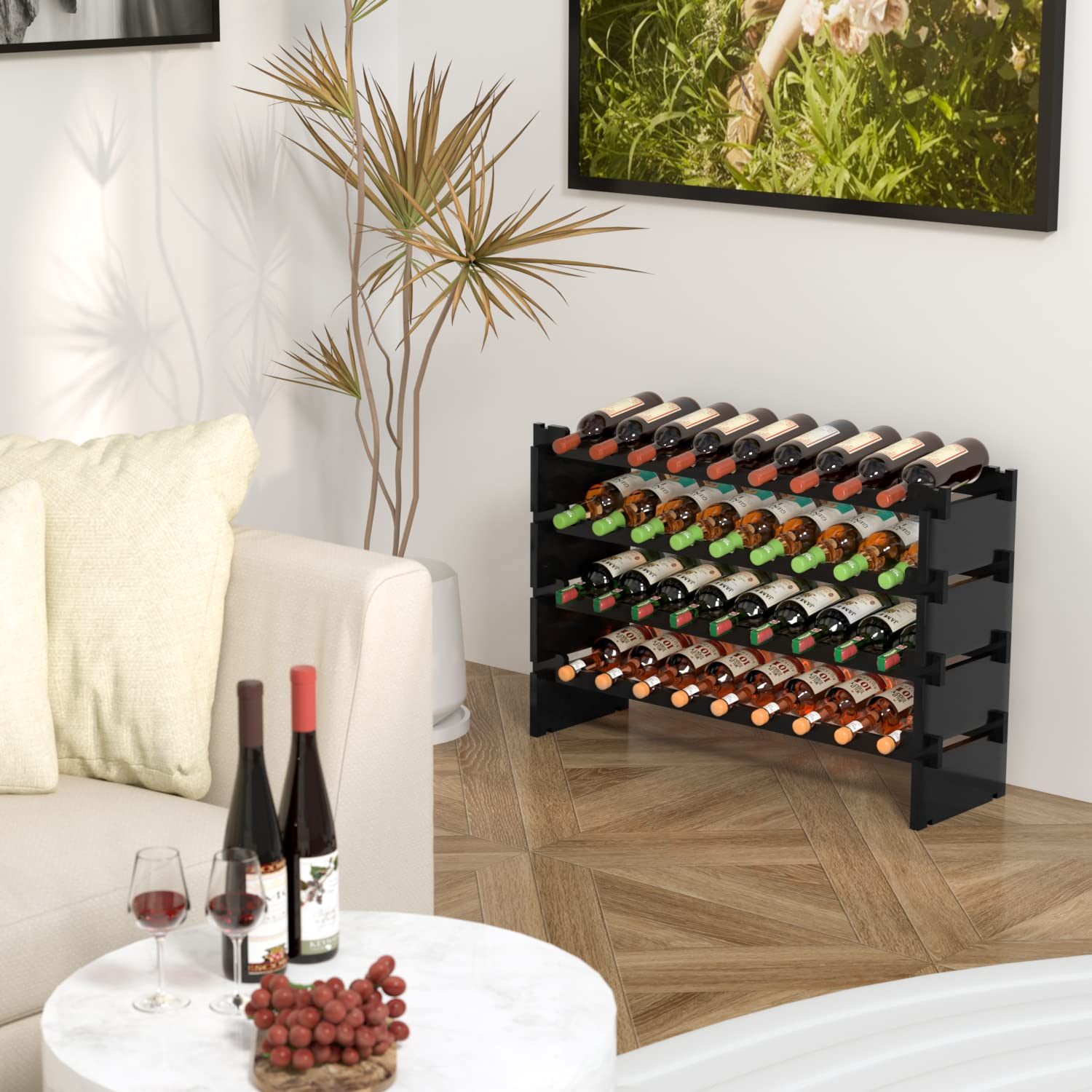 Domax Wine Rack Freestanding Floor - 4 Tiers Stackable Wine Rack 36 Bottle Wine Bottle Holder, Bamboo Wine Holder Wine Storage for Kitchen, Bar, Pantry, Wine Cellar and Countertop (Black)