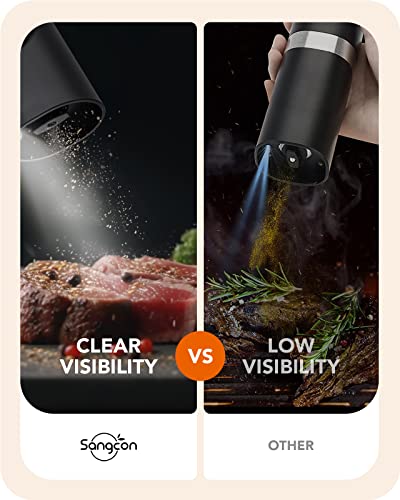 Sangcon Automatic Salt and Pepper Grinder Set, Battery Operated Black Pepper Grinder(without Battery), Kitchen Gadget with White Led Light, Adjustable Coarseness, One-handed Operation, 2 Pack