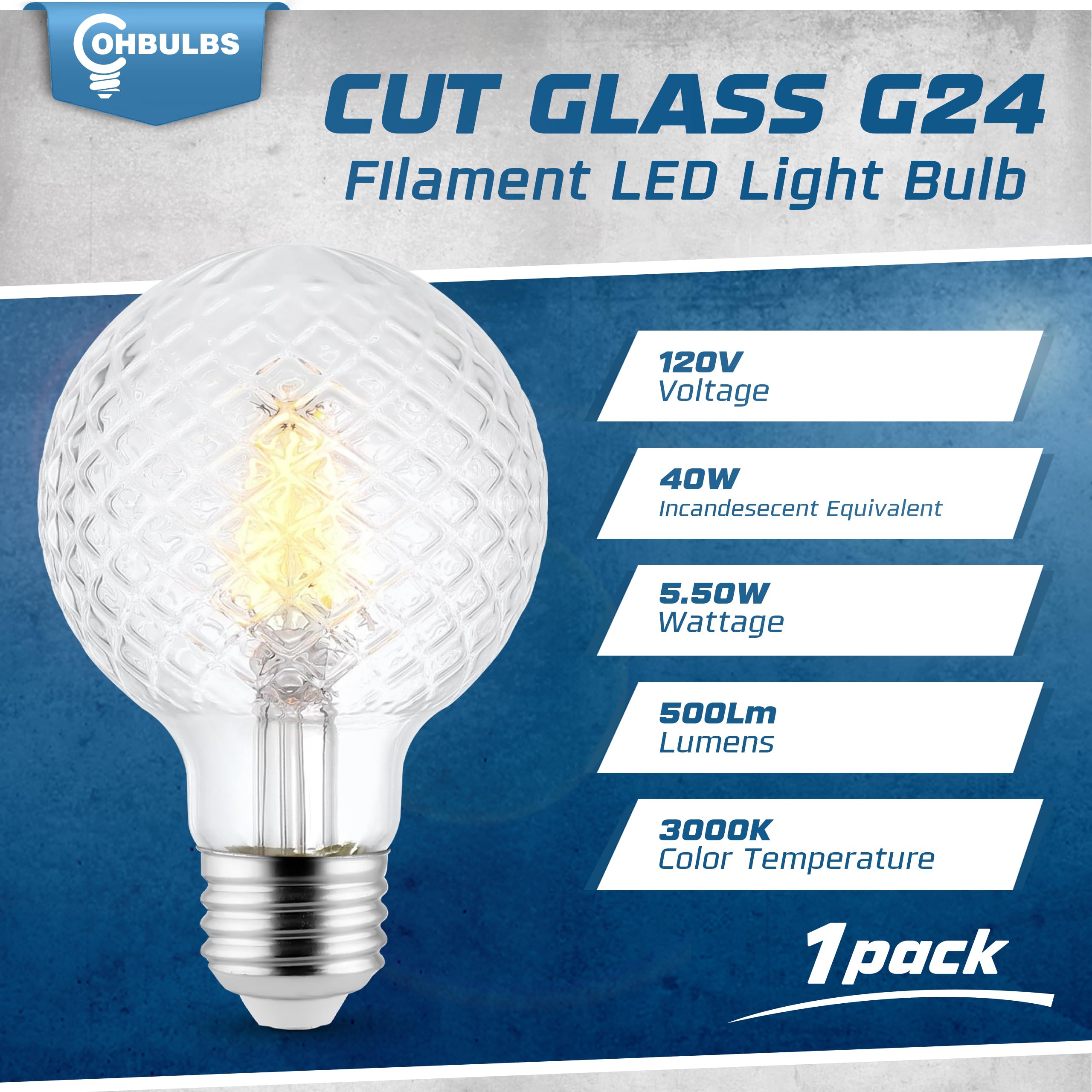 OHBULBS G25 Clear LED Light Bulb with E26 Medium Base Bulb | 5.5 Watt Dimmable Cut Glass Filament 3000K White Light β Ideal for Chandeliers, Vanity Fixtures, Bath Bars, Pendant Lights