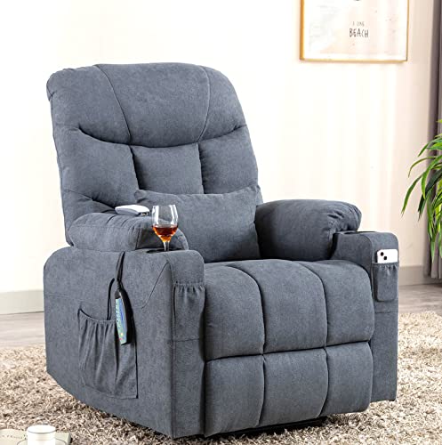 OBBOLLY Power Lift Recliner Chair for Elderly Massage with Heat, Linen Fabric Lazy Sofa with Cup Holders, USB, Side Pockets for Living Room