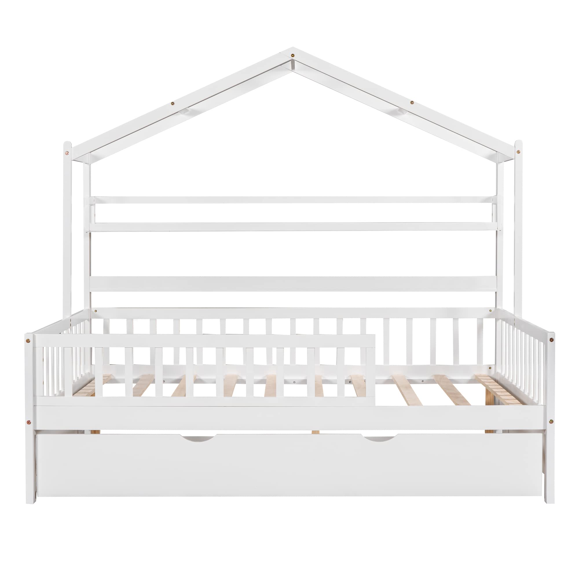 Merax Full Size House Bed with Trundle, Wooden Full Size Platform Bed Frame with Shelf, No Box Spring Needed, White