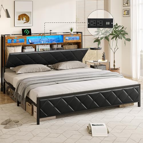 DICTAC King Size Bed Frame with Storage Headboard and Led Lights,Metal Platform Bed Frame King Size with Headboard and Charging Station,Rustic Brown