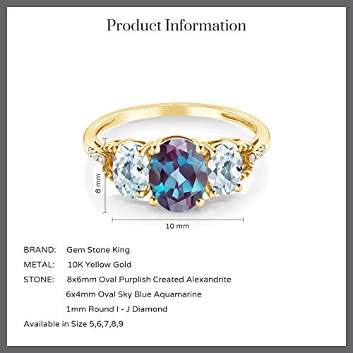 Gem Stone King 2.44 Ct Oval Purplish Created Alexandrite Sky Blue Aquamarine 10K Yellow Gold Ring (Size 6)