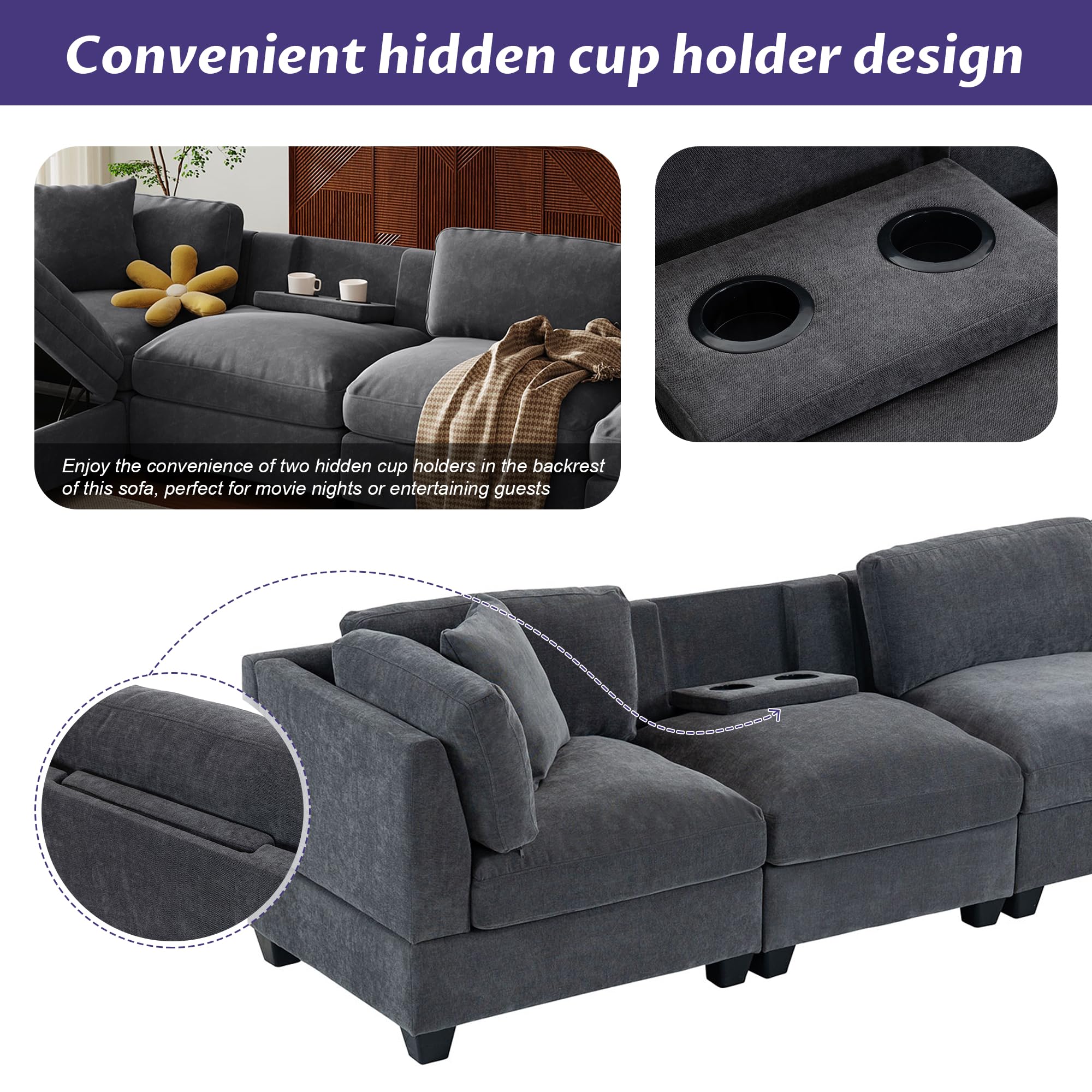 Merax Modern Upholstered Modular Sectional Sofa with Removable Storage Ottoman and Hidden Cup Holders Freely Combinable Indoor Furniture Sets for Apartments,Studio,Office, 5 Seat-L Shape, Grey
