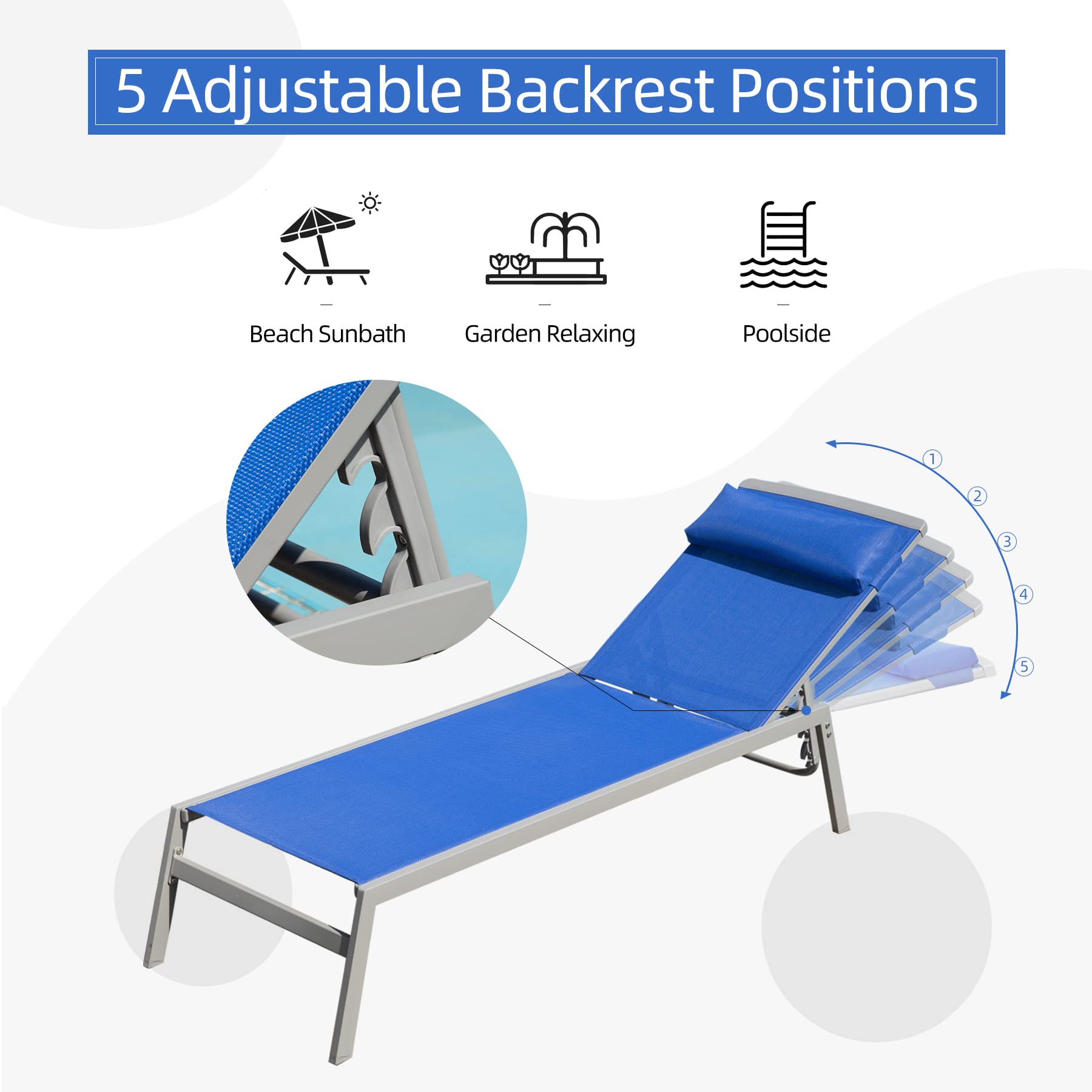 Domi Patio Chaise Lounge Set, Aluminum Pool Lounge Chairs with 5 Adjustable Position, Breathable Textilene Fabric, Sunbathing Pool Chairs with Headrest and Side Table, Blue