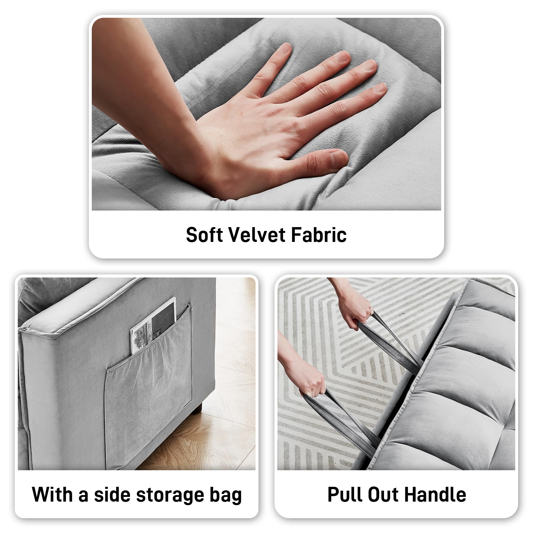 ONEMMLION 3 in 1 Convertible Sleeper Sofa Bed with Pullout Bed, Small Sofa, Loveseat Futon Sofa with Pillows, Pockets, Adjustable Backrest, Velvet Futon Couch Bed for RV, Living Room, Grey