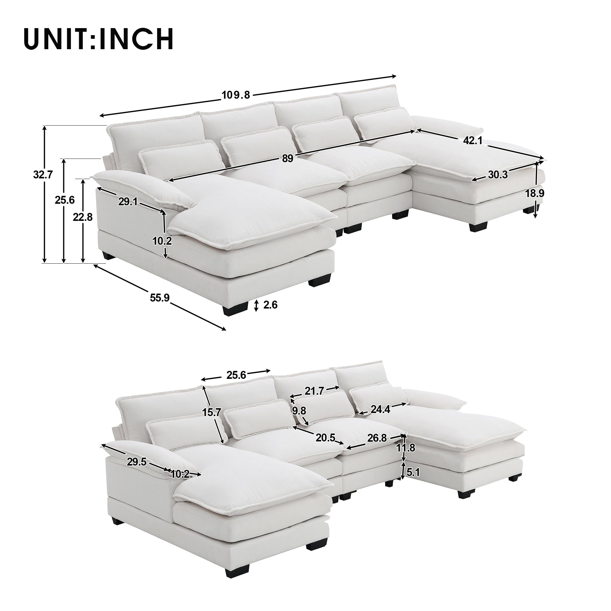 ONEMMLION U Shape Sectional Sofa Cloud Couch for Living Room, 110" Upholstery Comfy Modular Sofa, 4 Seat Chenille Modern Sleeper Sofa with Double Chaise & Memory Foam,White