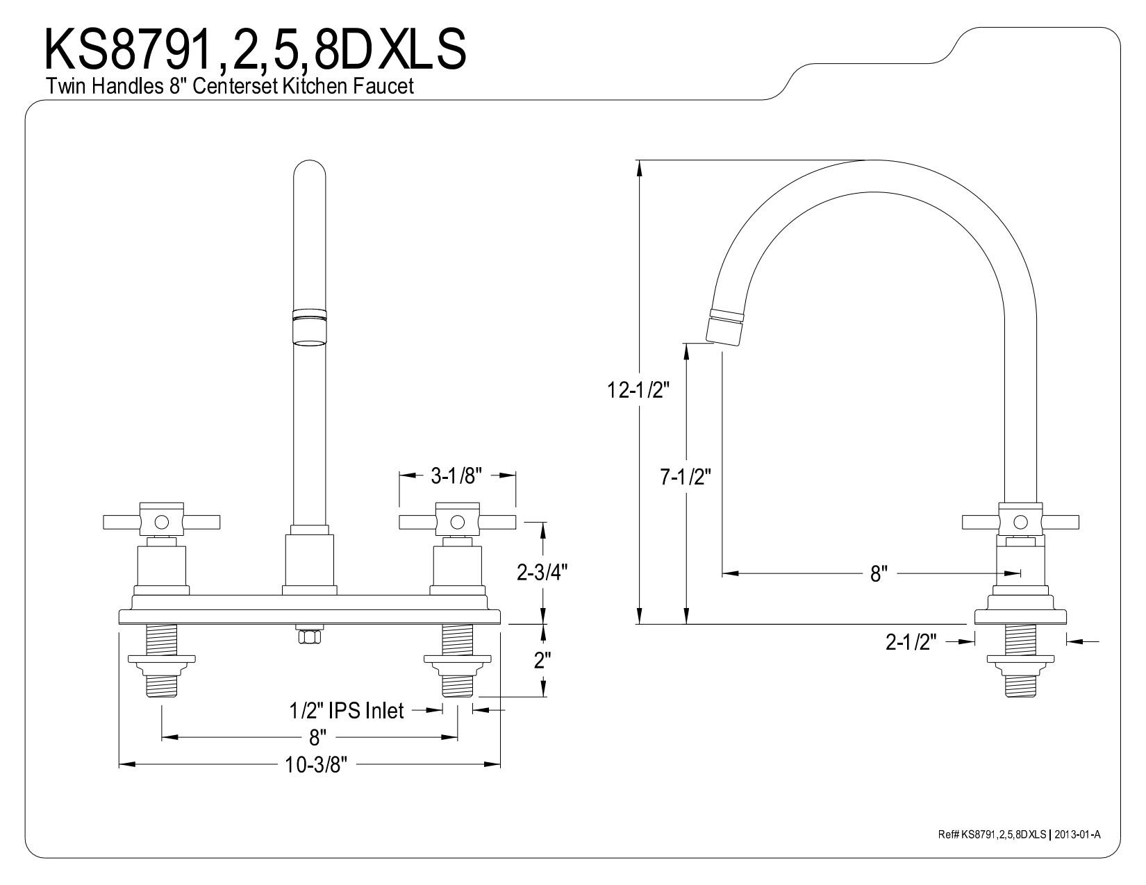 Kingston Brass KS8791DXLS Concord 8" Centerset Kitchen Faucet, 8" Spout Reach, Polished Chrome