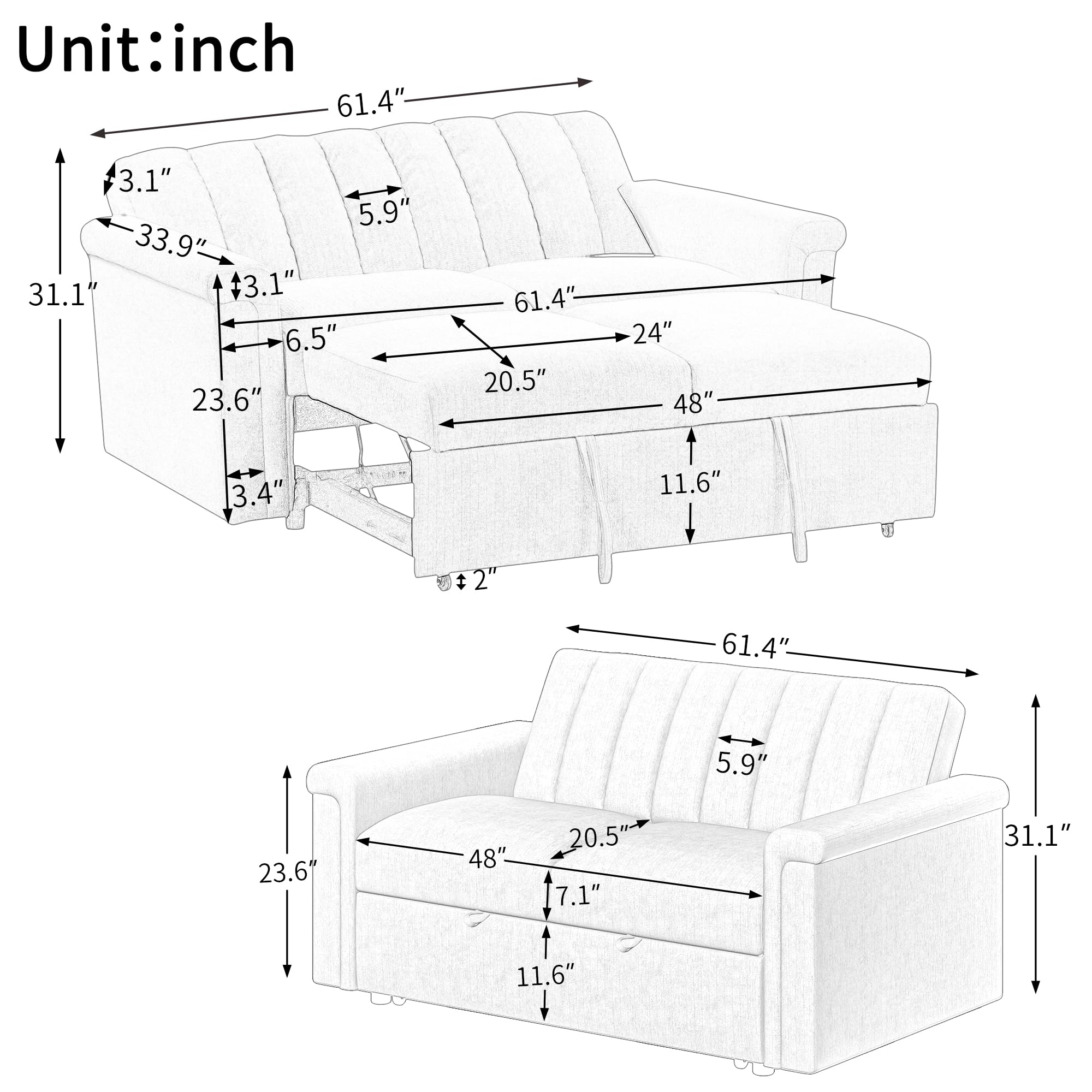 Merax Soft Cushion Convertible Sofa Pull Bed for Two People to Sit On, 2-Seater Upholstery Couch for Living Room Apartment, 61.40 inch Length, Grey