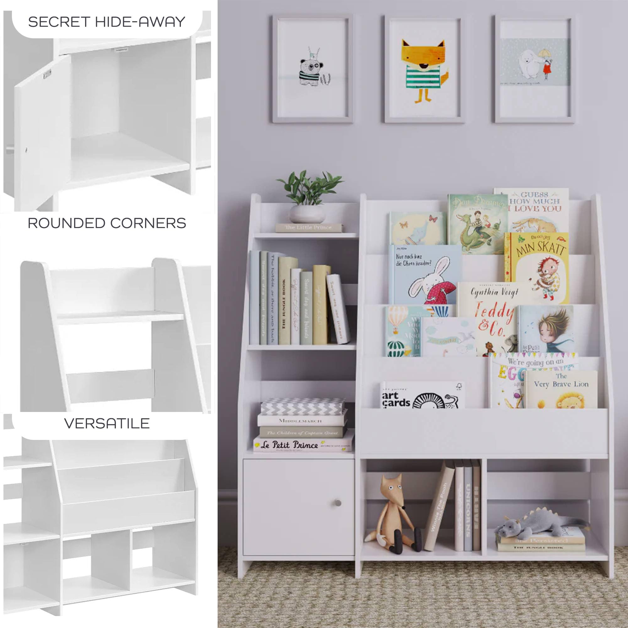 Sturdis Modern Rounded Edge Wooden Kids Bookshelf with Storage Cabinet, Book Organizer Storage Shelves for Bedrooms, Playrooms, and Nurseries, White
