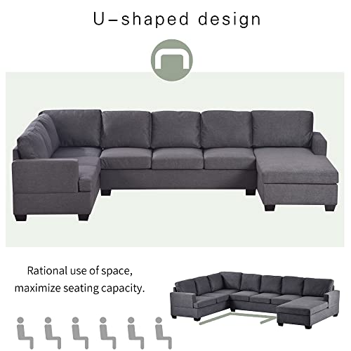 KELRIA LOVMOR Modern Style Large Upholstered U-Shape Sectional Sofa, Extra Wide Chaise Lounge Couch, for Living, Guest Room, Apartment, Home Theater, Seating Capacity 6 People, Grey
