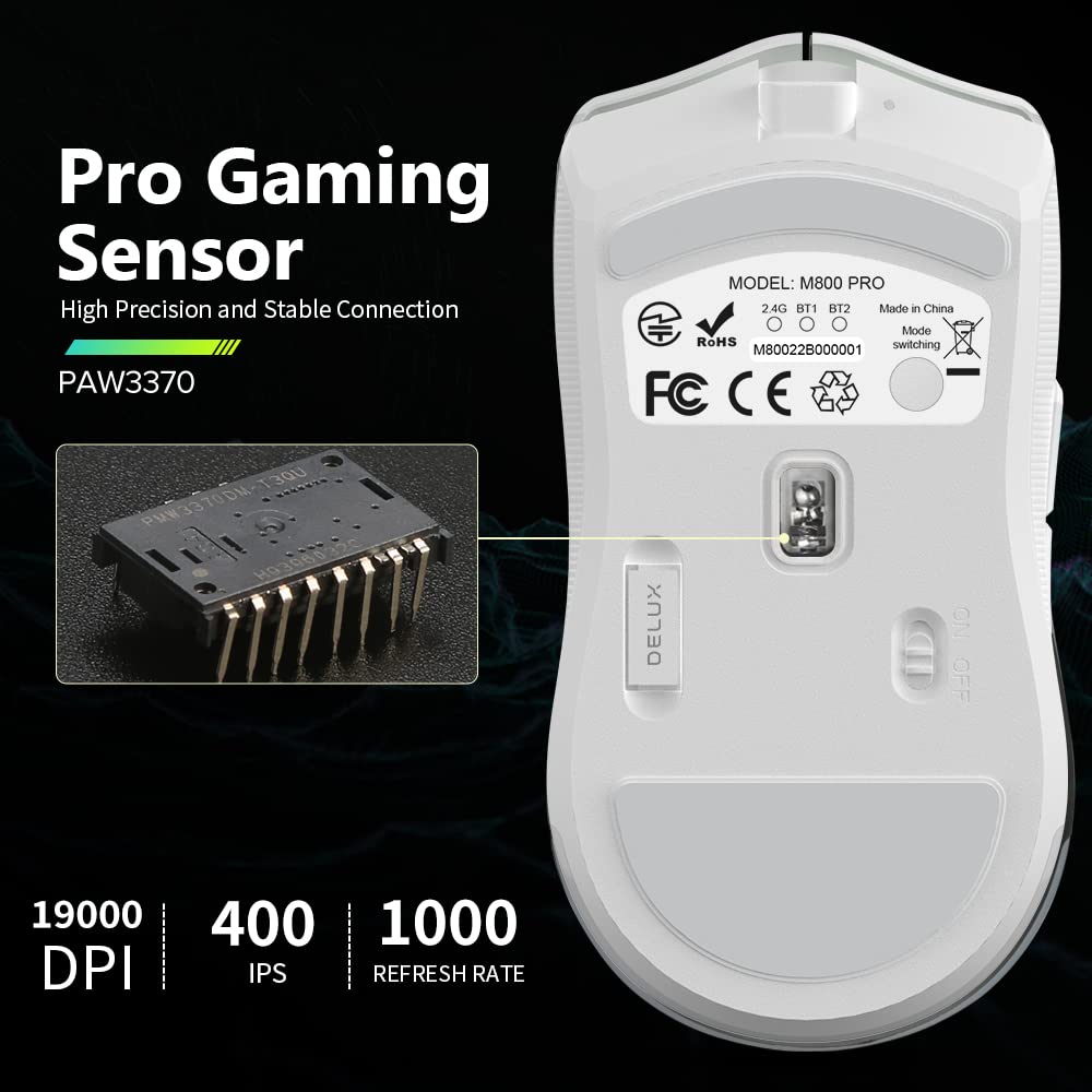 DeLUX 80G Wired Ergonomic Gaming Mouse - PMW3389 Sensor, 100-16000DPI, Personalized Basics, Paracord Cable, Ormon Switch, 7 Buttons, RGB Optical Mouse (M629BU-Black)