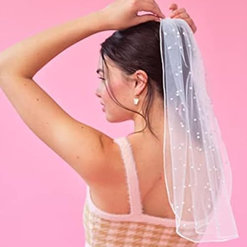 LUXCASTLE White Pearl Bride Veil Short Wedding Veil Bridal Veils Bachelorette Party Veil for Women and Brides