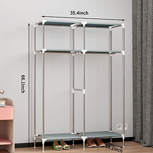 TIE-DailyNec Closet Portable Wardrobe Clothes Storage Organizer with Hanging Rails, Non-Woven Fabric Wardrobe Freestanding Storage Shelves, Durable & Easy Assembly Closet (Silver Gray)