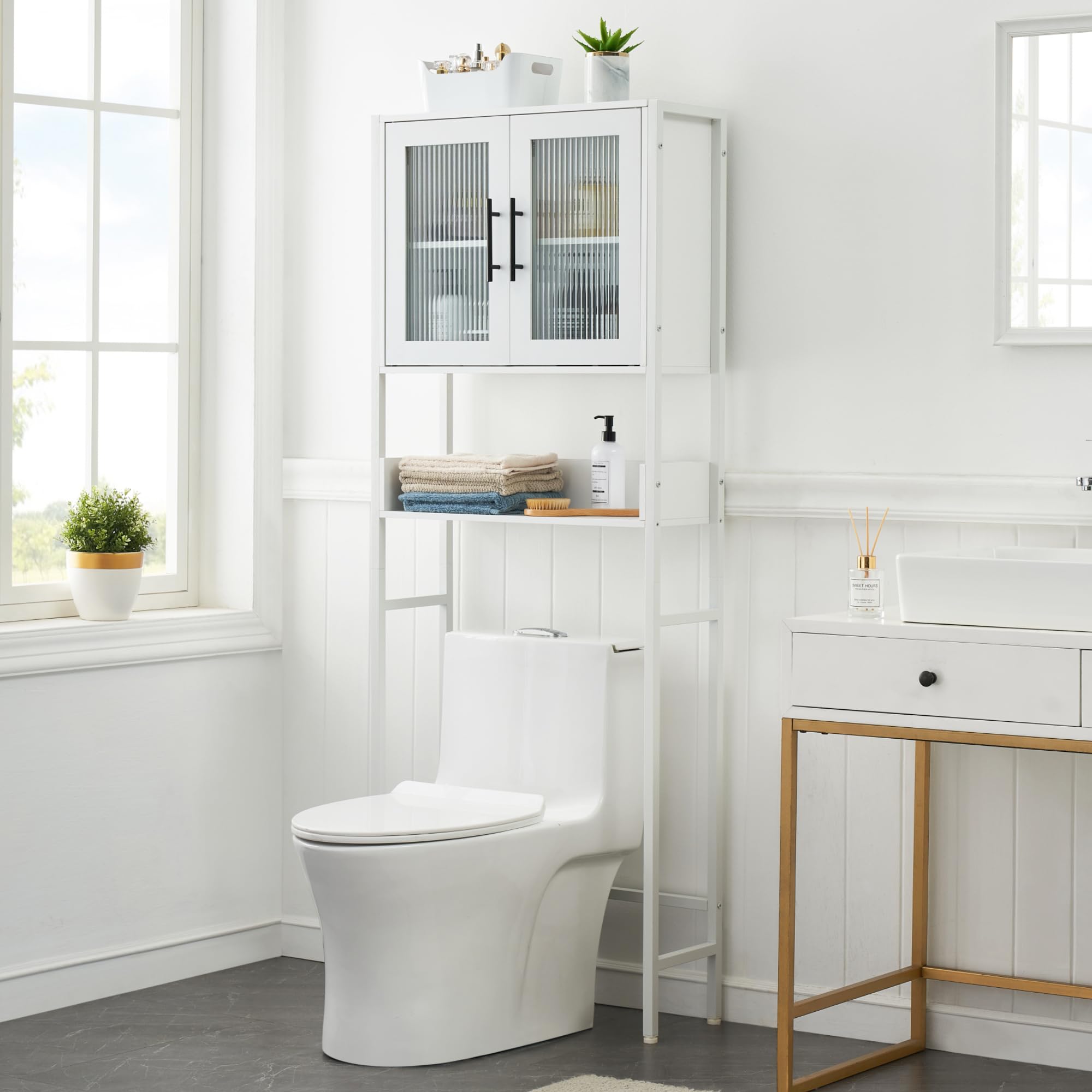 IDEALHOUSE Over The Toilet Storage Cabinet, Bathroom Storage Cabinet Organizer with Doors and Adjustable Shelf, Freestanding Bathroom Storage Rack, White