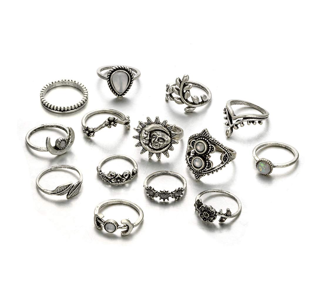 Eoumy Vintage Knuckle Ring Set for Women Retro Silver Hollow Carved Flowers Leaf Sun Moon Stackable Rings Set