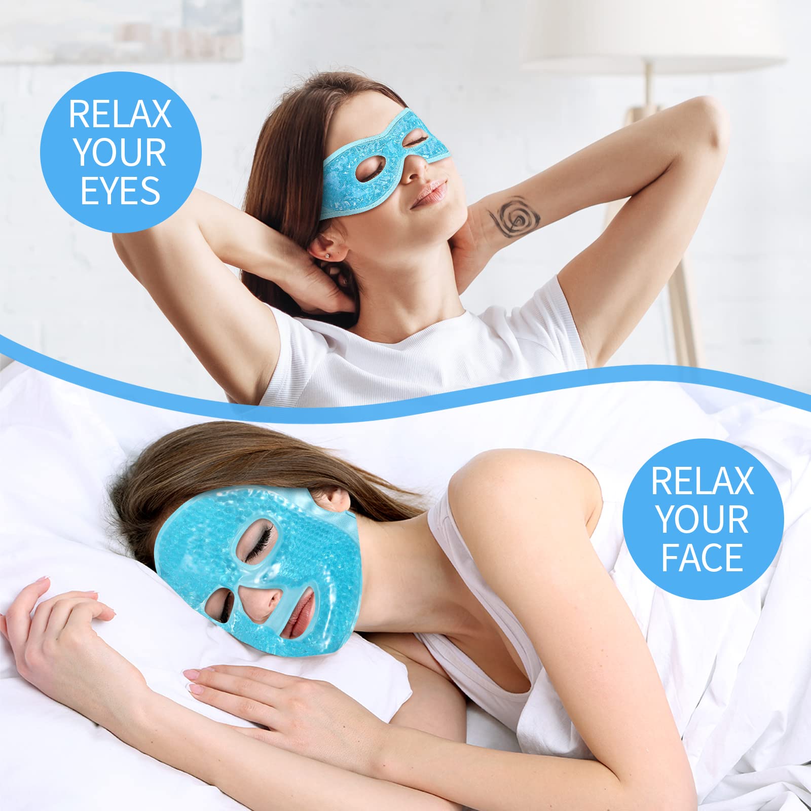 Ice Face Mask + Ice Eye Mask, Gel Face Mask Hot Cold Compress Therapy Reusable,Cooling Face Eye Mask for Pain Relief,Migraines,Headaches,Puffiness (Blue)