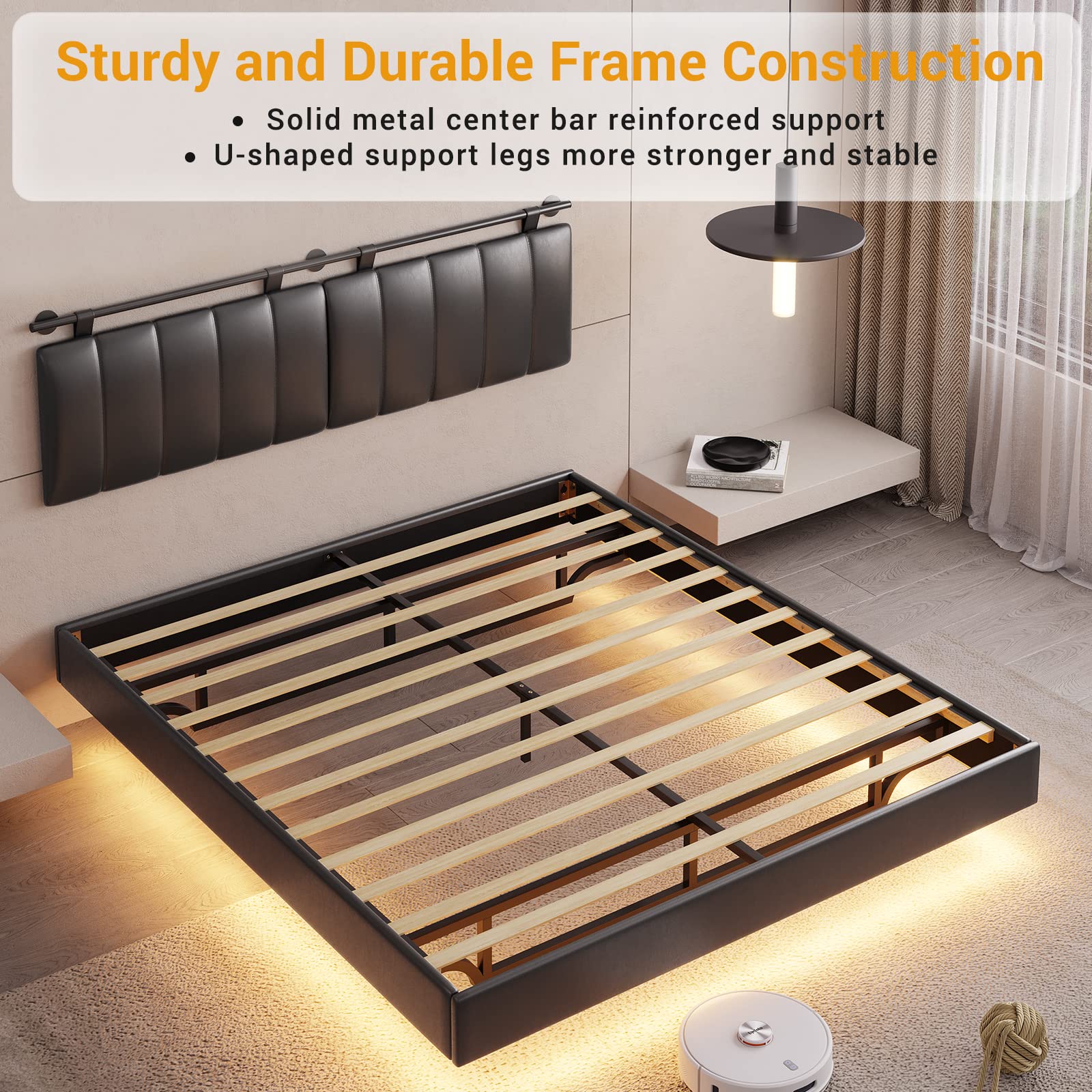 DICTAC Full Floating Bed Frame with Led Lights and Wall Mounted Headboard Modern Full Size LED Low Profile Platform Bed Frame Faux Leather Upholstered Platform Bed Frame,No Box Spring Needed,Black