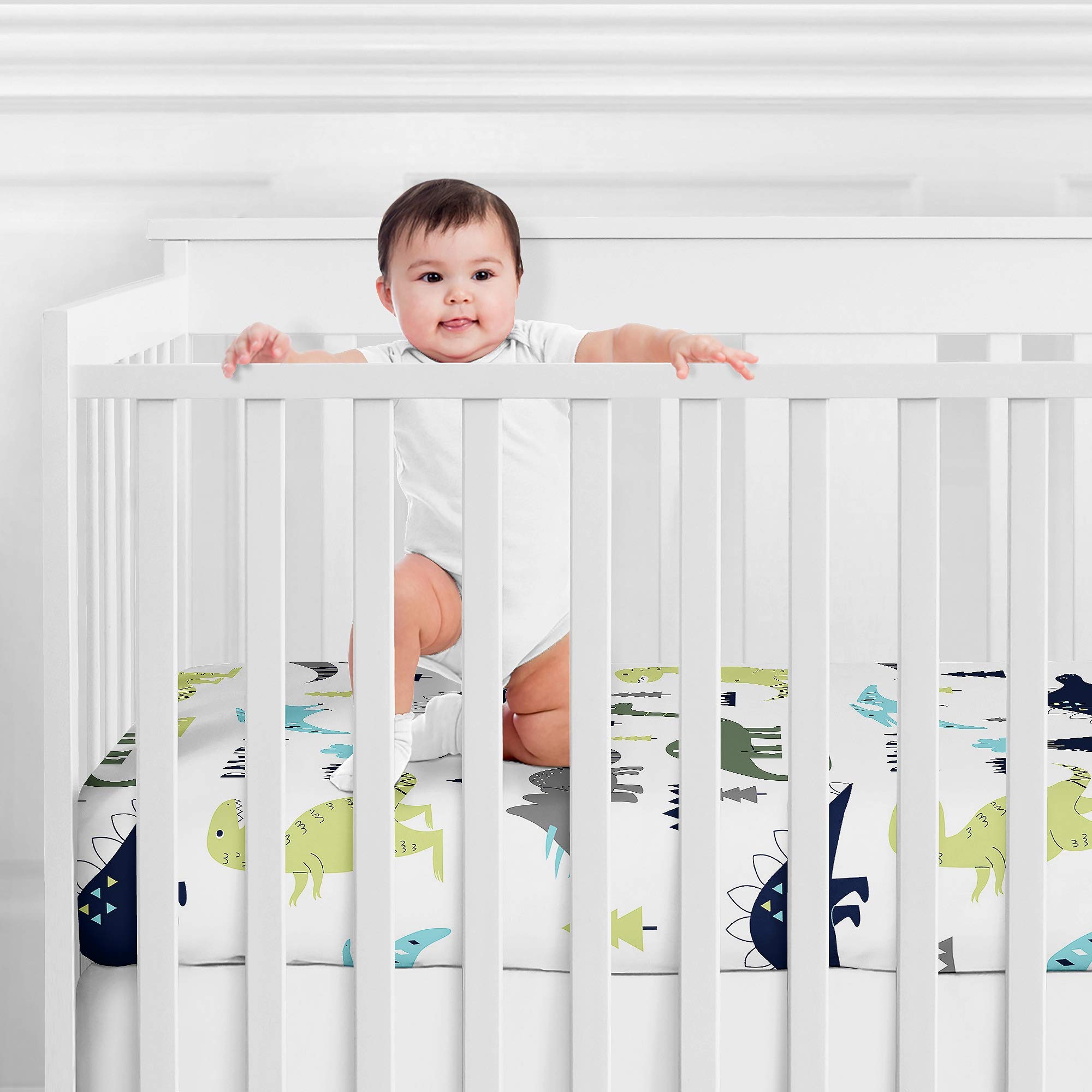 Sweet Jojo Designs Mod Dino Boy Cotton Fitted Crib Sheet Baby or Toddler Bed Nursery - Navy Blue Green Grey Modern Dinosaur Dinosaurs 100% Cotton
