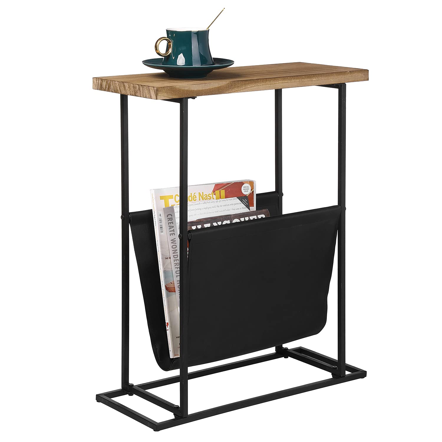 MyGift 21-Inch Modern Narrow Living Room End Table with Solid Burnt Wood Tabletop and Black Metal Frame, Bedroom Nightstand Side Table with Magazine Holder Sling