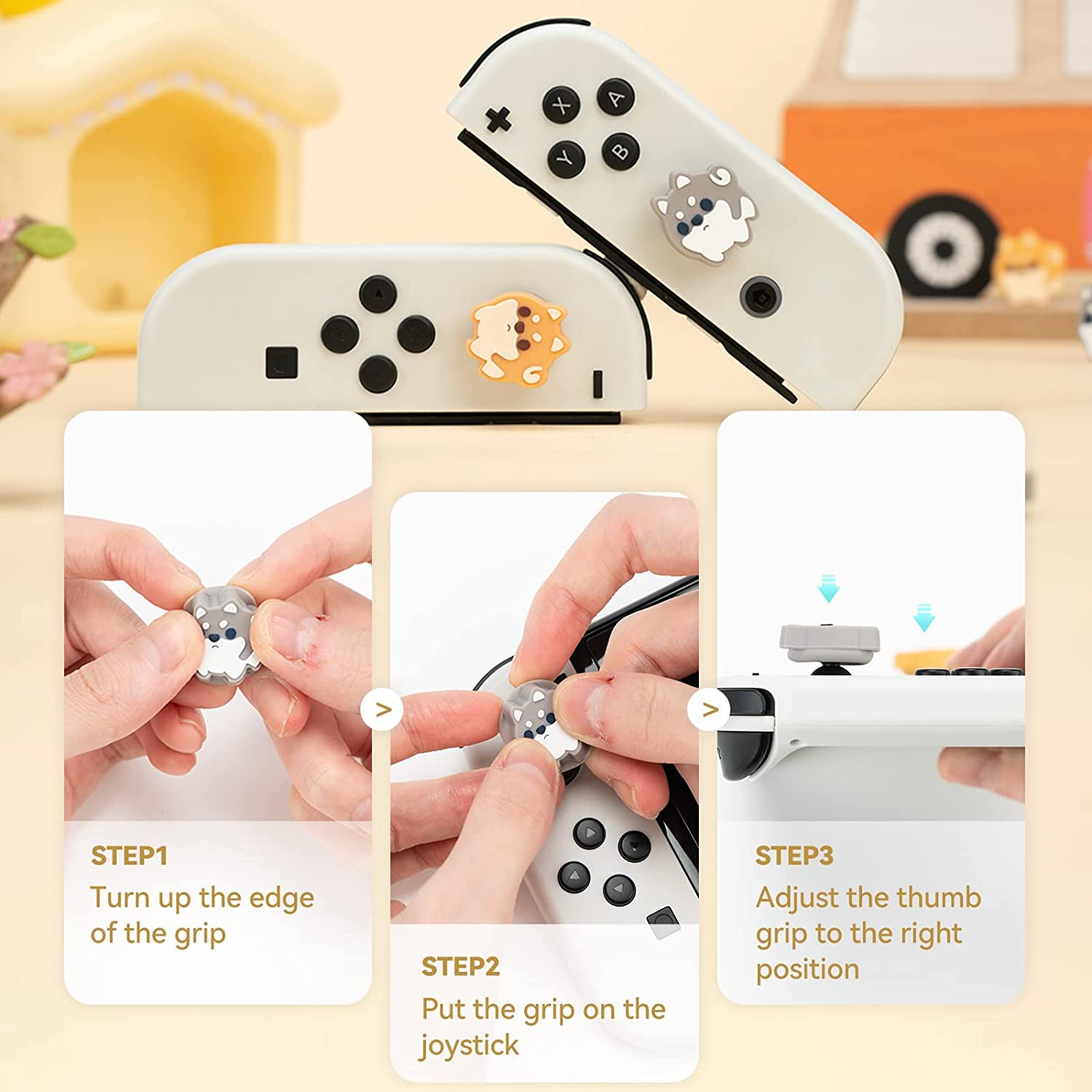 GeekShare Cute Silicone Joycon Thumb Grip Caps, Joystick Cover Compatible with Nintendo Switch/OLED/Switch Lite,4PCS - Cute Dog