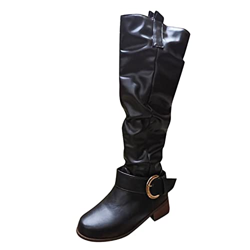 FASDNENDYS Flat Head Fashion Buckle Shoes Belt Women Boots Boots Women's Round Women's Boots Heel Boots Black